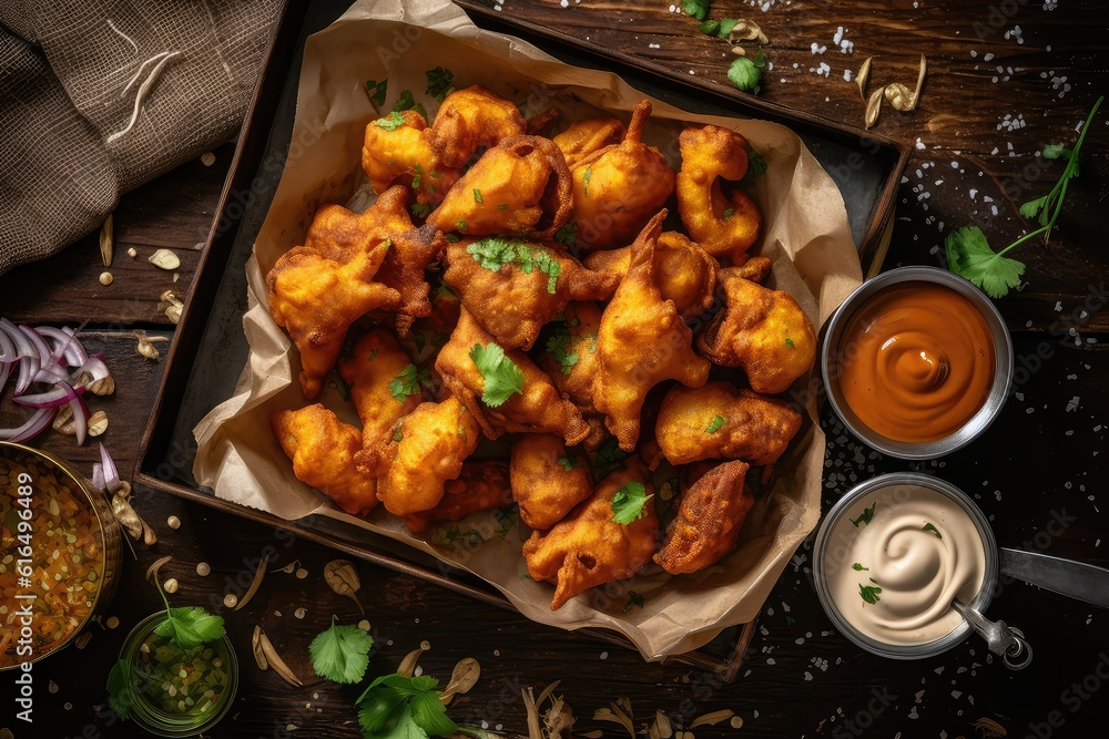 Indian Pakoda/Pakoda vegetarian fried appetizer, Overhead photograph ...