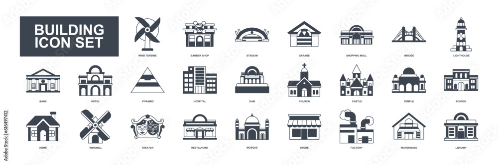This building set icon vector illustrates various structures like homes ...
