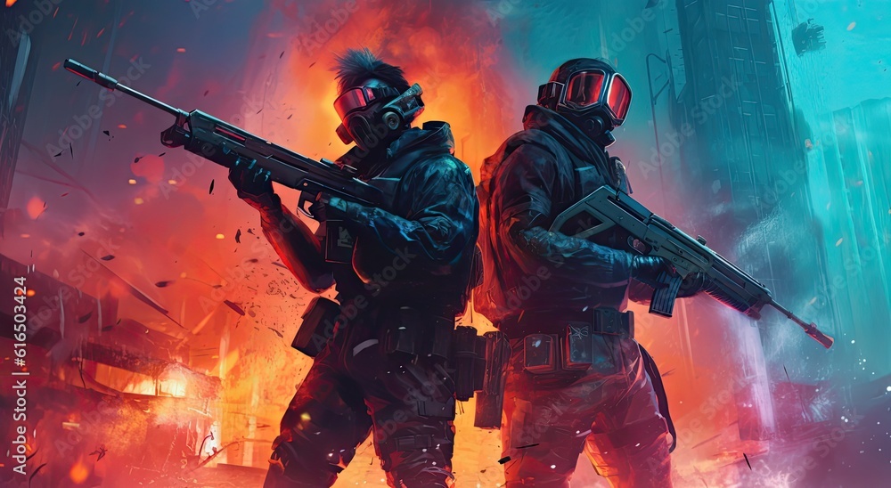 Two soldiers with rifles. Modern combat shooter game tournament ...