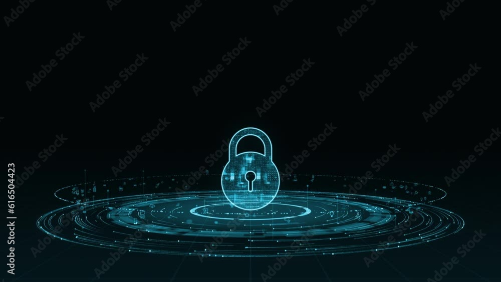 Motion graphic of Blue security key logo with particle ring circle ...