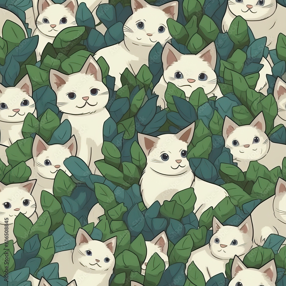 Cartoon cats and plants seamless repeat pattern Stock Illustration ...
