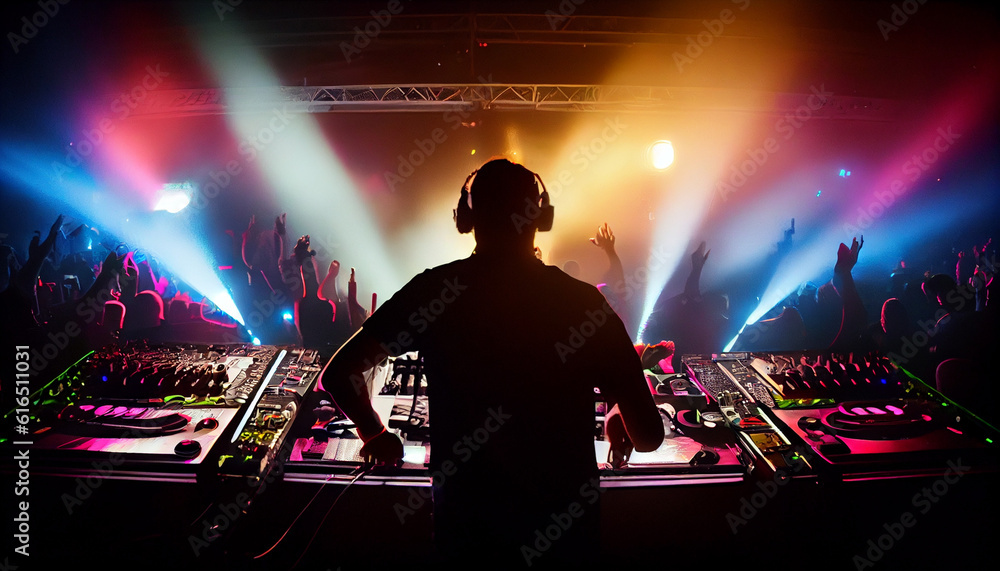 A DJ plays a massive set, in a venue, at a festival, bright neon lazers ...