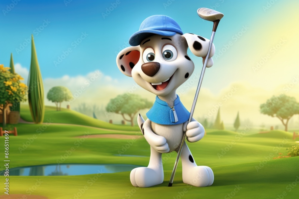 Cute Cartoon Dog Dressed as a Golfer on a Golf Course Stock ...