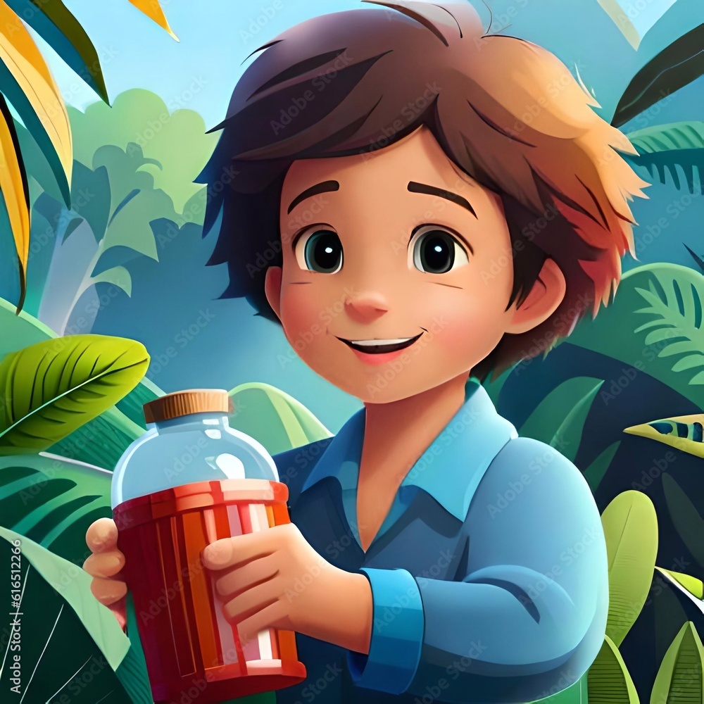 Ilustrace cartoon Happy Boy Holding A Bottle Of Water In The Jungle ilustrace-cartoon-happy-boy-holding-a-bottle-of-water-in-the-jungle