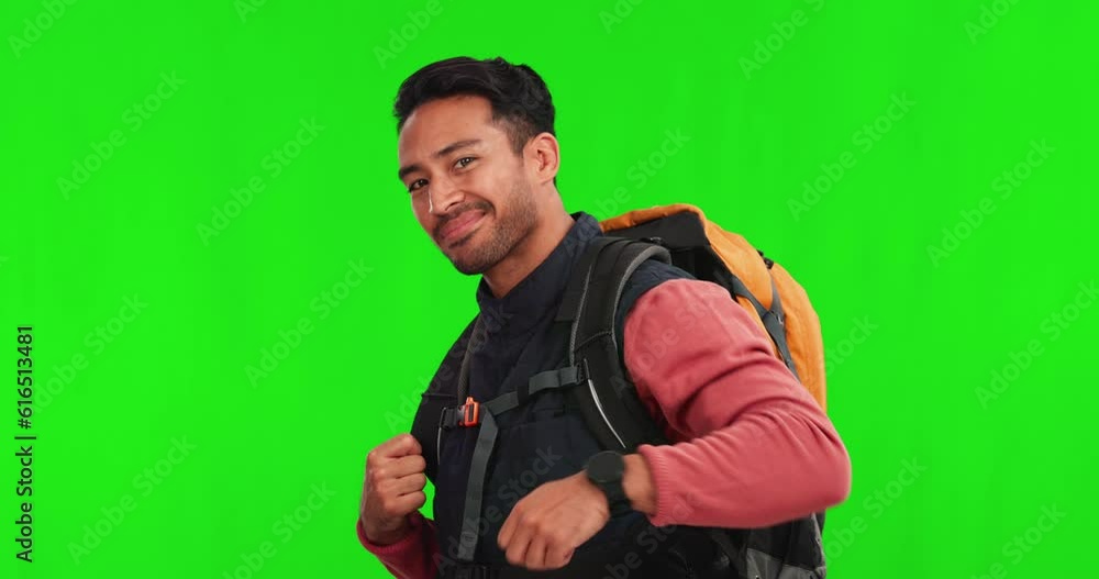 Hiking, offer and man in backpack, green screen and travel adventure ...