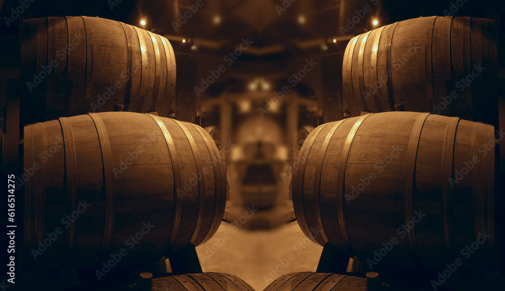 Wine beer casks stacked in a dark cellar. Oak wood barrel for rum ...