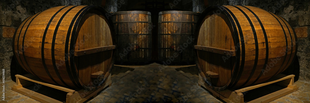 Wine beer casks stacked in a dark cellar. Oak wood barrel for rum ...