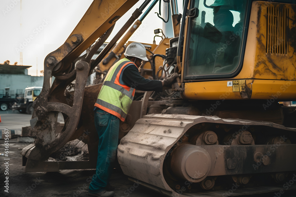 A construction worker in a hard hat and safety gear playing a grand ...