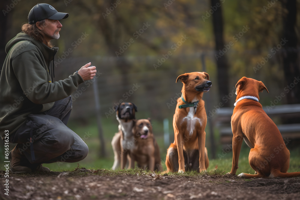 A dog trainer working with dogs to teach obedience and behavior ...