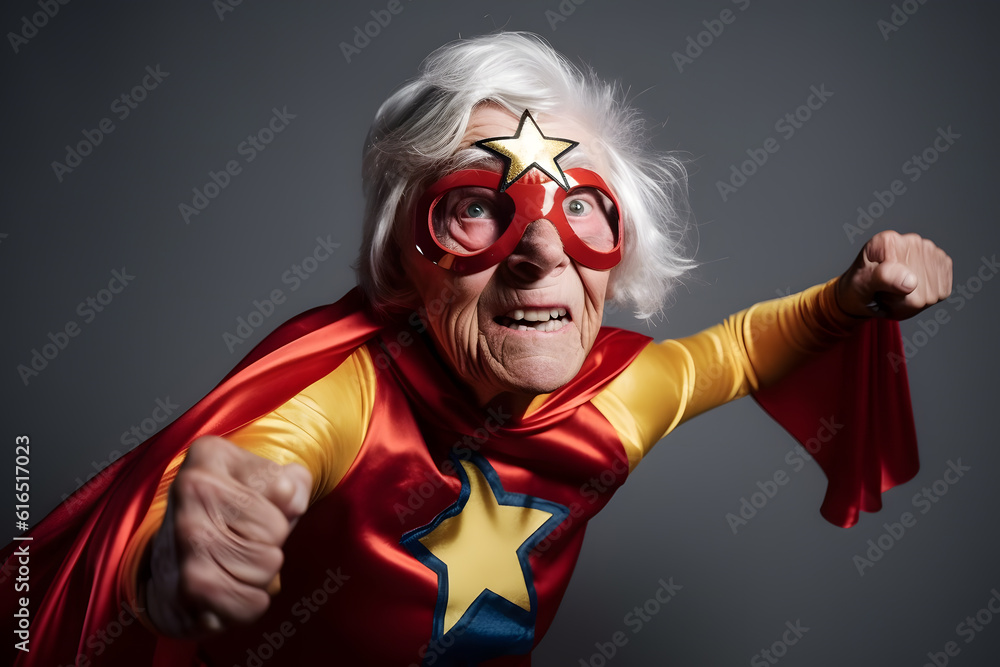 Funny image of a senior woman dressed in a superhero costume, striking ...