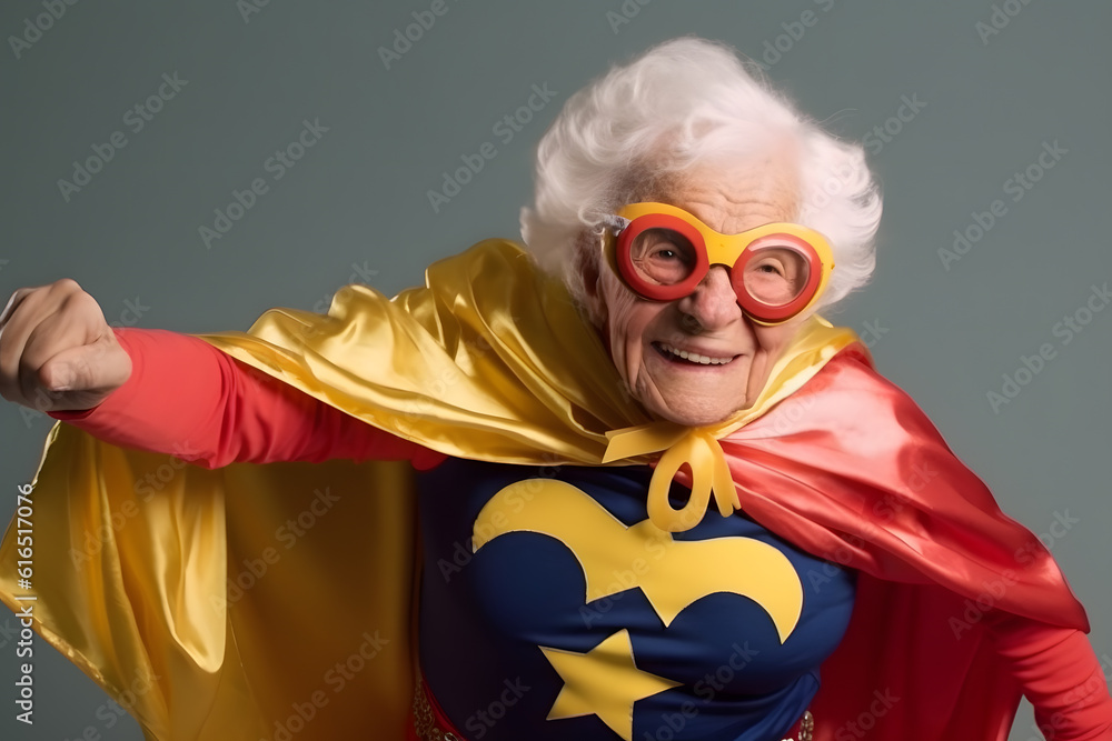 Funny image of a senior woman dressed in a superhero costume, striking ...
