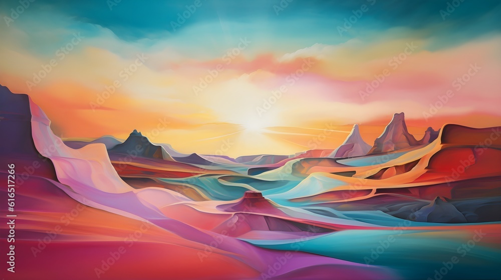 An abstract acrylic landscape featuring an otherworldly terrain, with ...