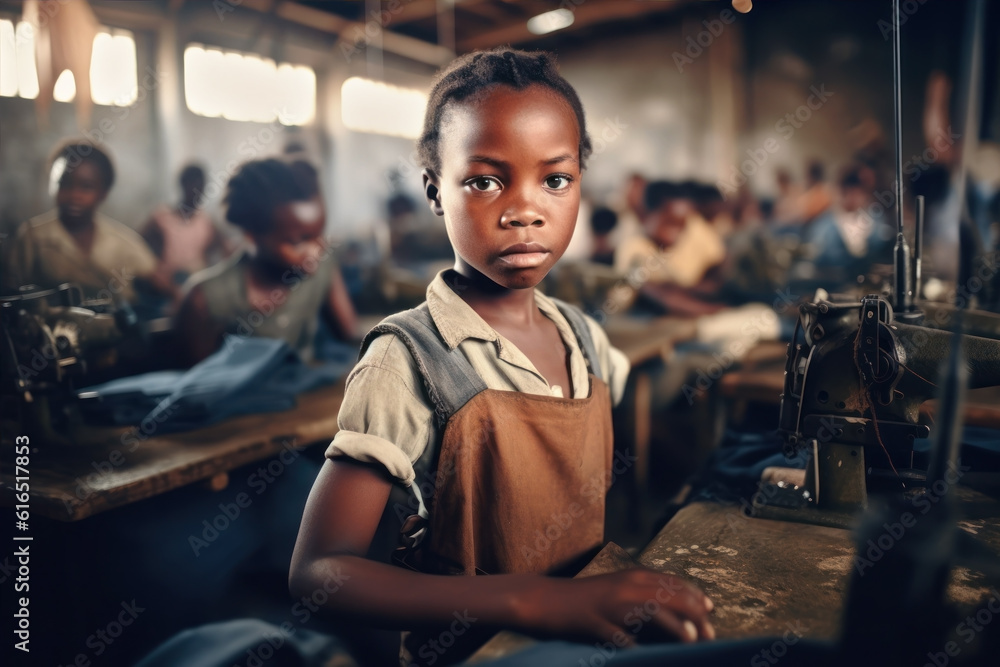 Small African black girl portrait with blurred textile factory ...