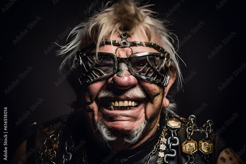 Funny old man with a heavy-metal haircut and a heavy-metal outfit ...