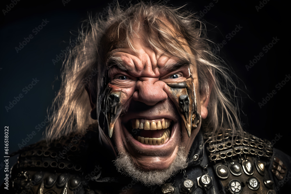 Funny old man with a heavy-metal haircut and a heavy-metal outfit ...