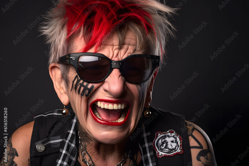 Funny old woman with a punk haircut and a punk outfit. Generative AI ...