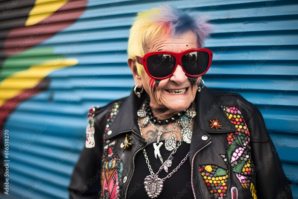 Funny old woman with a punk haircut and a punk outfit. Generative AI ...