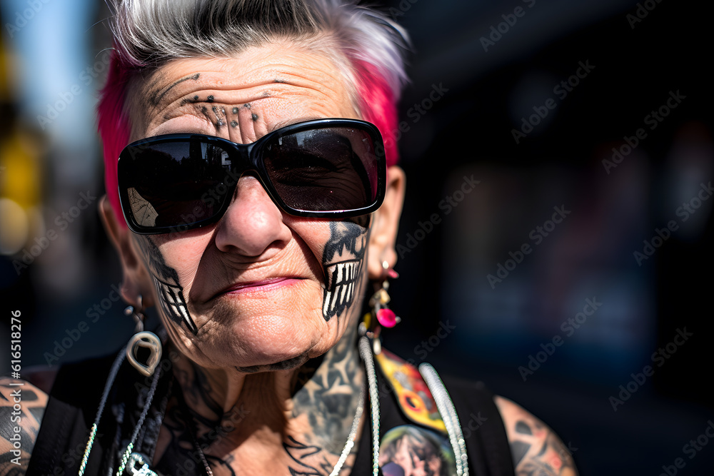 Funny old woman with a punk haircut and a punk outfit. Generative AI ...