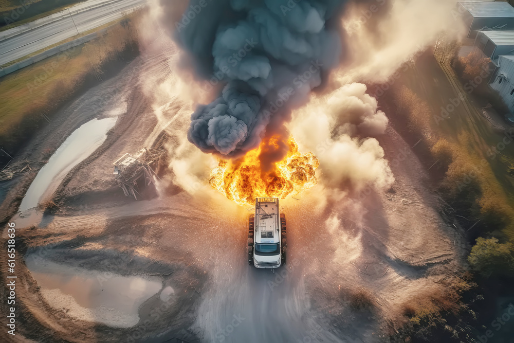 Aerial view of Freight fuel truck explosion with fire and smoke ...