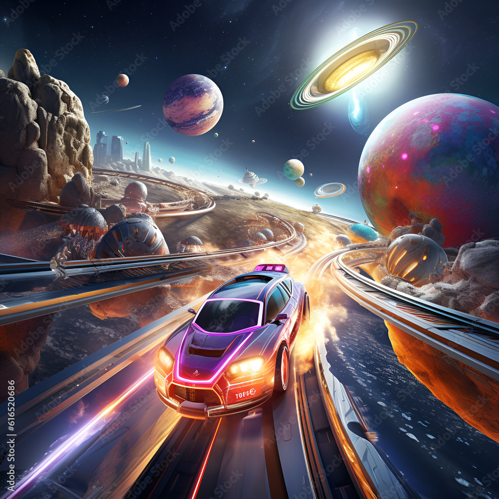 Generative AI an epic poster of a rocket car game where a space vehicle ...