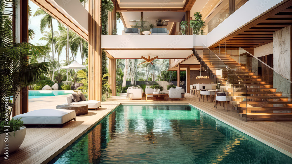 3D render, Modern Interior and pool villa Concept: Embracing the ...