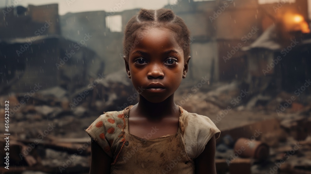 A sad face of a little African girl standing in front of collapse ...