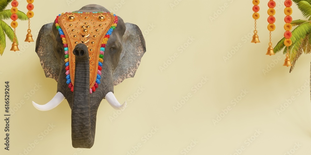 3d render onam festival with elephant in yellow background,Thrissur ...