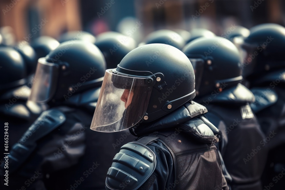 police in full gear on the street. police in hardhats, hard hats and ...