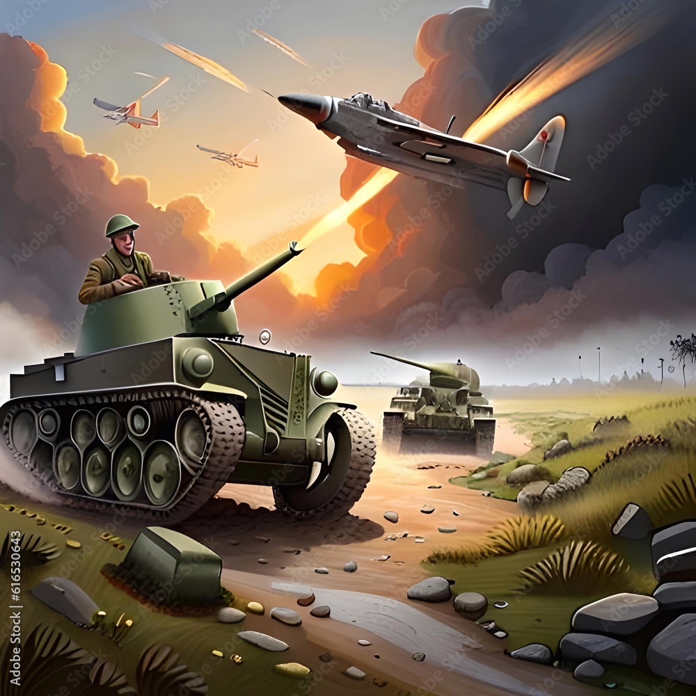 War scene with battle tank and fighter jet in the background - 3d ...