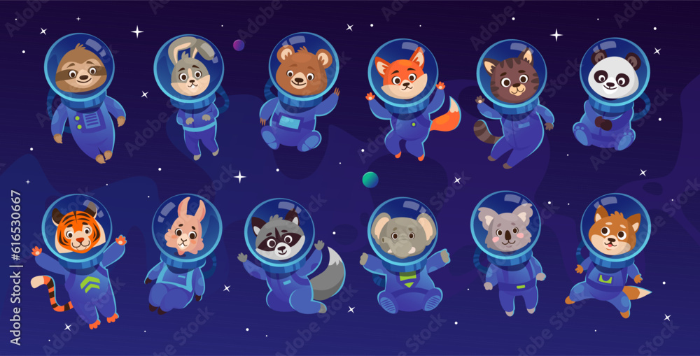 Set of cute animal characters in spacesuits and helmets floating in ...