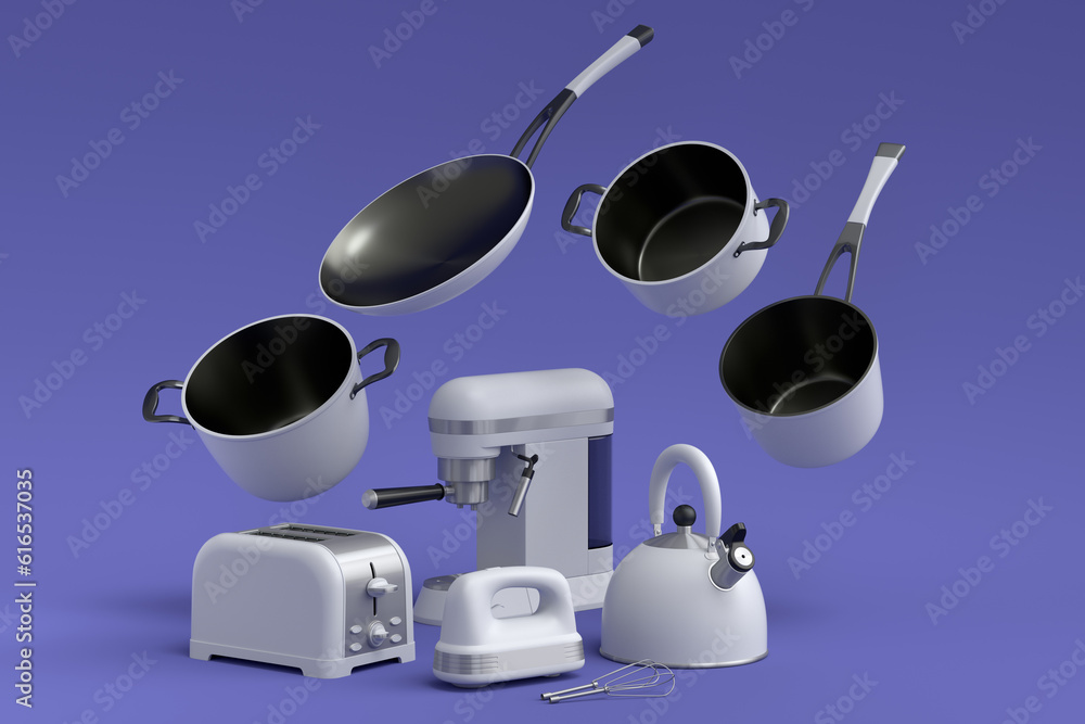 Espresso coffee machine, hand mixer, kettle and toaster on violet ...
