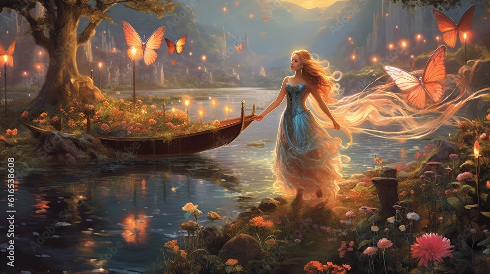 Fantasy Fairy in a magical forest wallpaper background art Stock ...