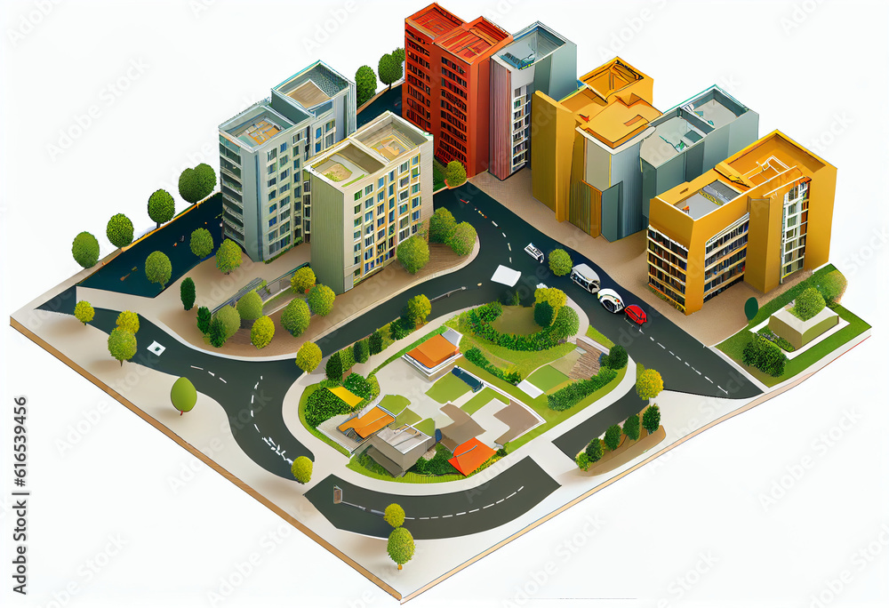 Residential area, 3D model. Multi-storey residential buildings, roads ...