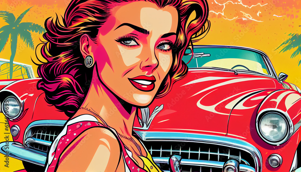 Portrait of a woman on the background of a retro car. Retro comedian ...