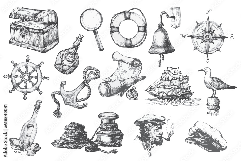 handdrawn marine illustrations, sea drawings, sea, elements, marine ...