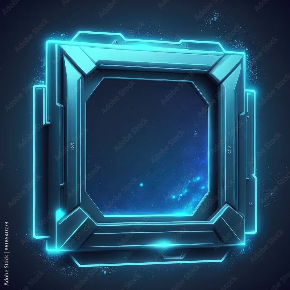 Abstract of glowing futuristic square frame illuminated with neon blue ...