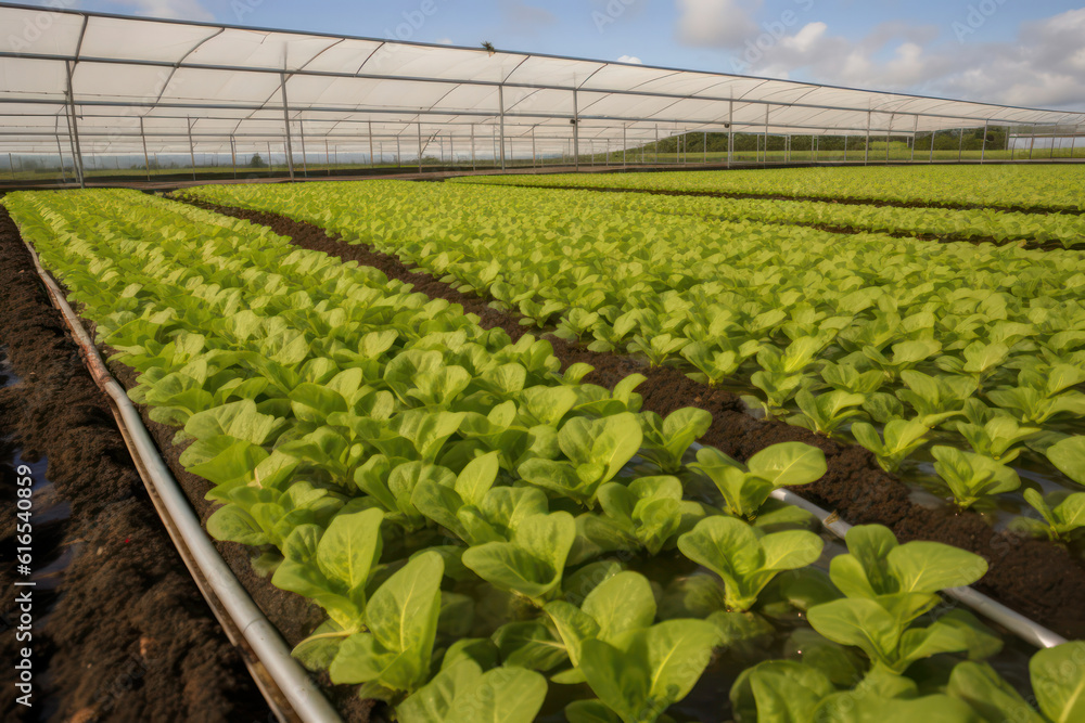 A high-tech aquaponics greenhouse with fish farming, hydroponic plant ...