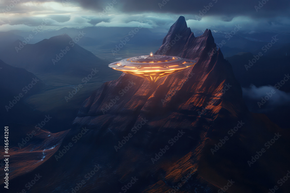 A hyperrealistic portrayal of an alien spaceship soaring above a ...