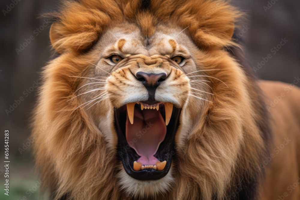 A powerful close-up of a roaring lion, displaying its strength and ...