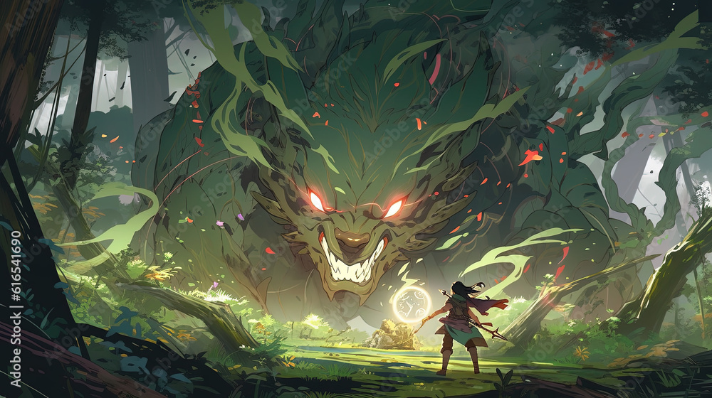 Samurai fighting a massive forest monster. Anime epic battle ...