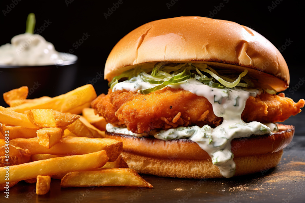 Deep-fried fish burger with tartar sauce and wedge-cut fries ...