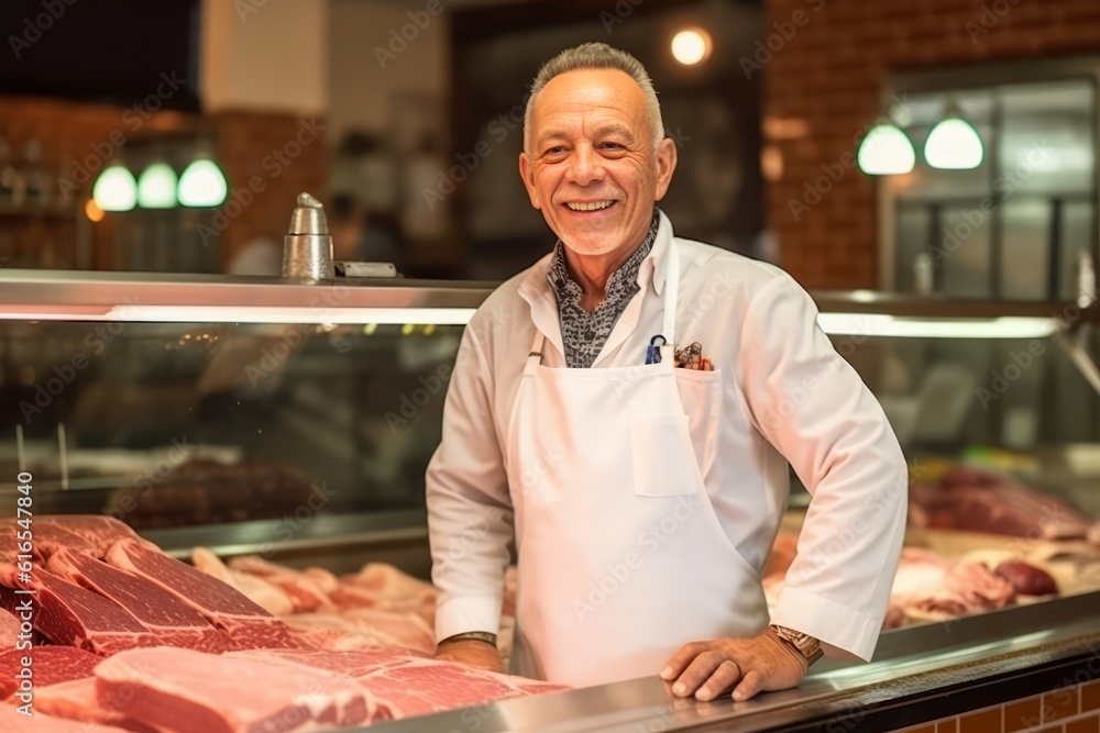 Smiling butcher in front of the meat counter of the butcher shop ...