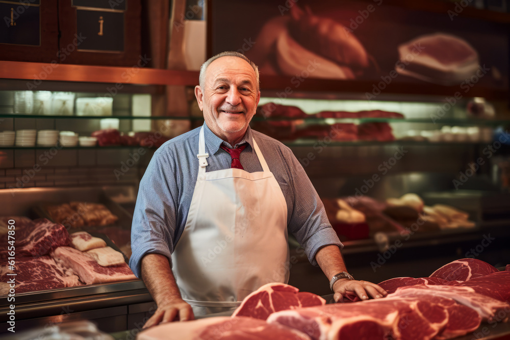 Smiling butcher in front of the meat counter of the butcher shop ...
