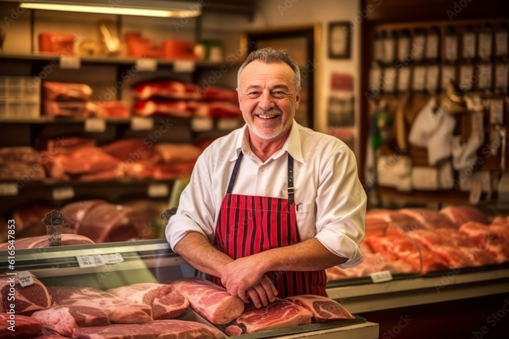 Smiling butcher in front of the meat counter of the butcher shop ...