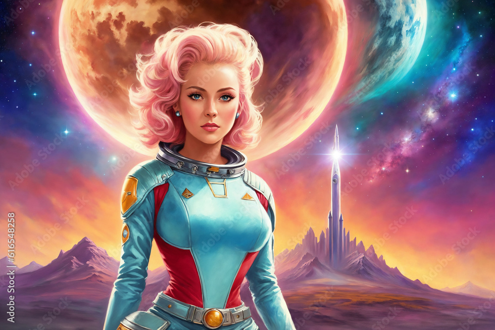 Portrait of a beautiful woman as an astronaut, space theme in the retro ...