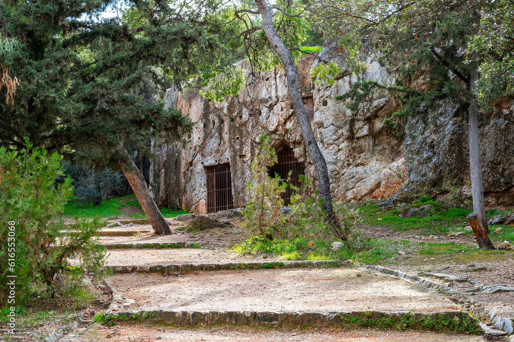 Hillside caves with bars at the prison of Socrates, the ancient Greek ...