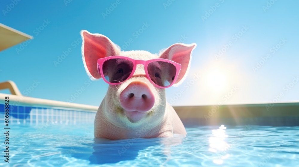 Cute pink pig in the swimming pool. Illustration AI Generative. Stock ...