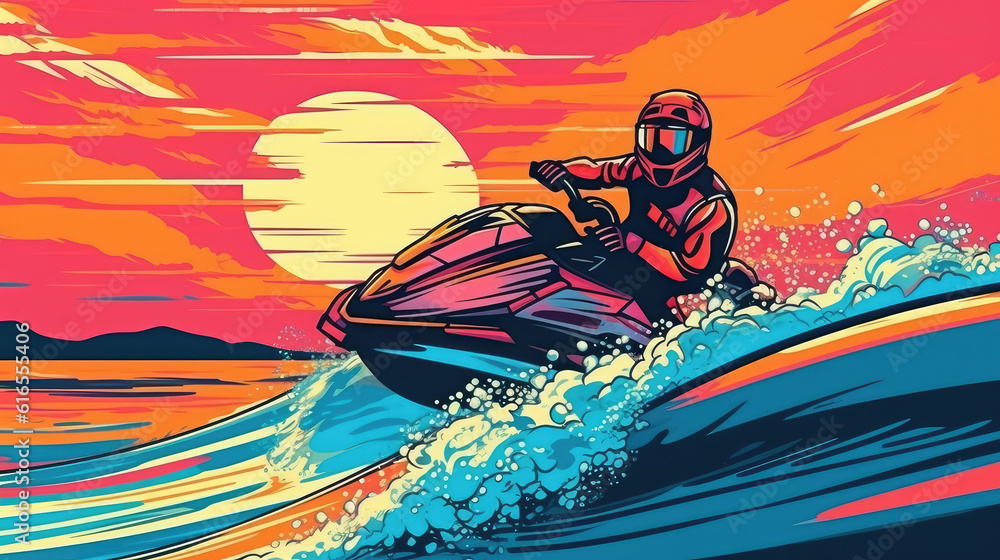 Jet ski cartoon style concept art, water scooter extreme water sport ...