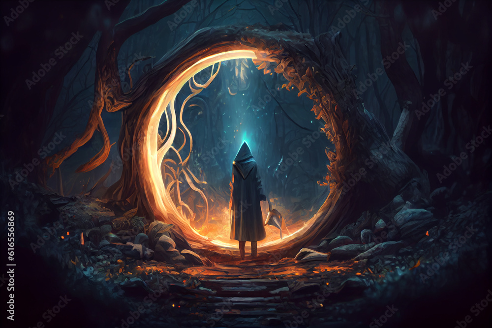 Magic wizard summoning a portal in forest at night. The greater Portal ...