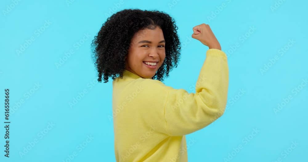 Strong, woman flex her muscles and against a green screen happy for ...